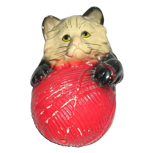 Vintage Plaster Chalkware Kitty Cat with Red Ball of Yarn String Holder ...