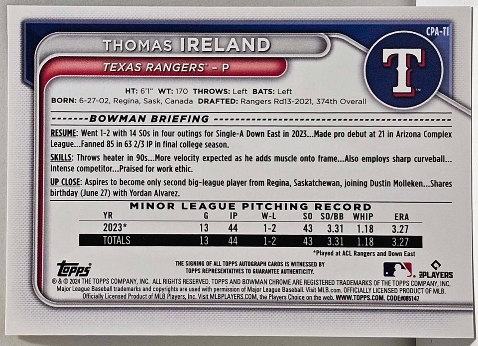 🔥2024 Bowman Chrome Thomas Ireland 1st True Gold Refractor Auto /50 ...