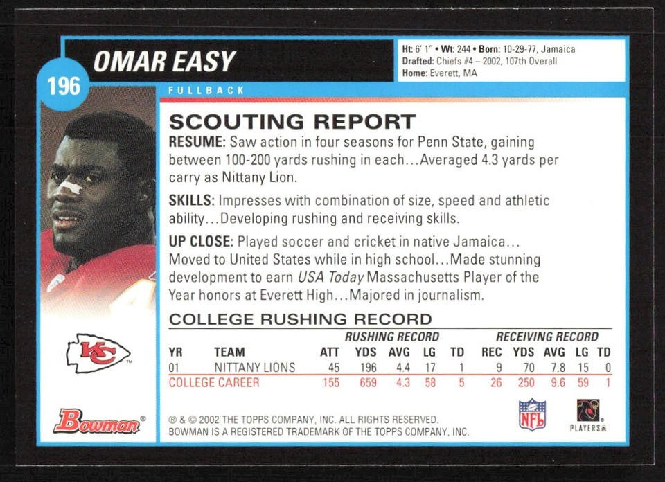 2002 Bowman Football Omar Easy RC #196 Kansas City Chiefs | eBay