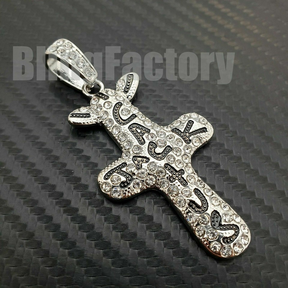 Travis Scott Cactus Jack Cross Silver Pendant 18" 20" 24" Cuban Chain ...