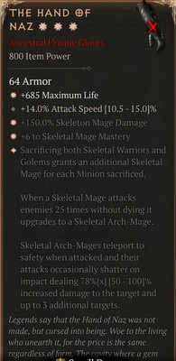 💥DIABLO 4💥SEASON 9💥Necromancer Skeleton Mage Gloves💥The Hand of Naz 3GA ...