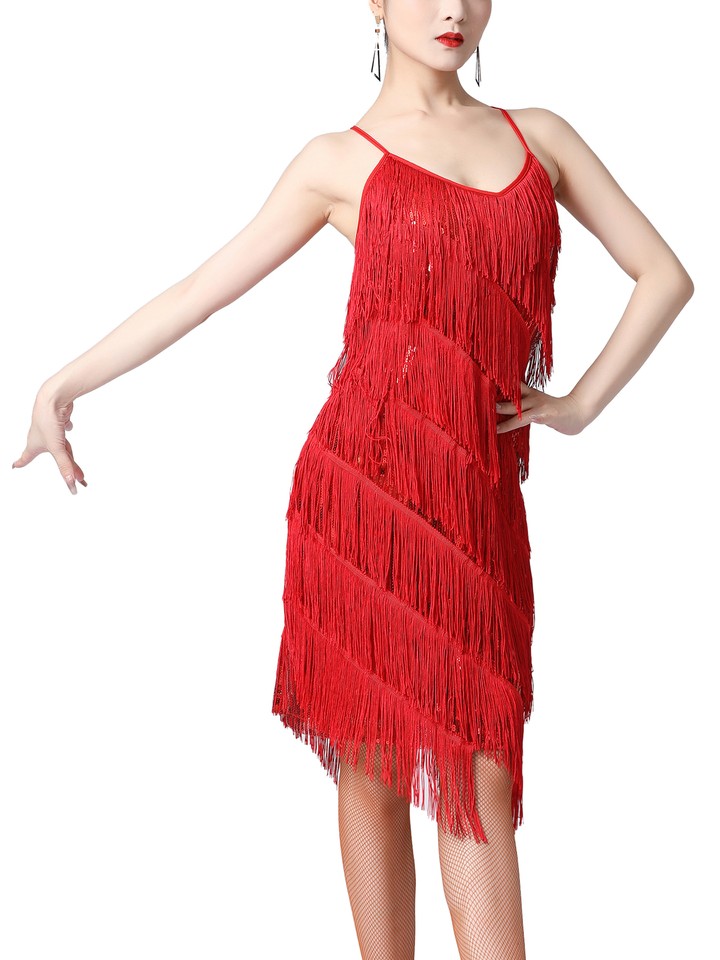 Women Sequins Fringe Tassel Flapper Dress Samba Chacha Tango Latin ...