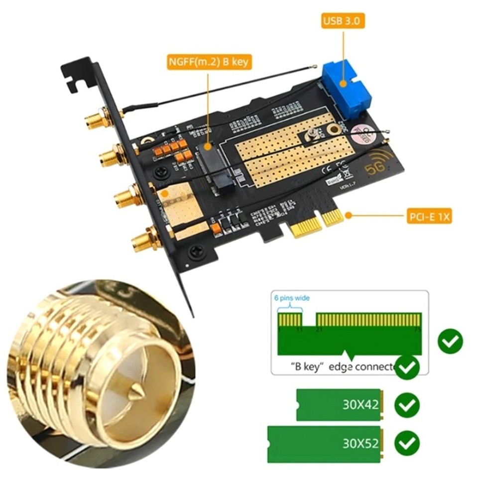 M.2 B Key USB3.0 & PCIe 5G Dual Bus 5G-WWAN Card Adapter Card ...