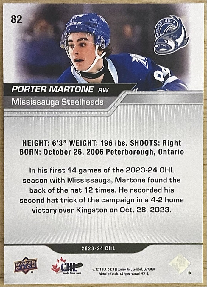 Porter Martone Rookie - 2023-24 Upper Deck CHL #82 (RC) - 2025 draft ...