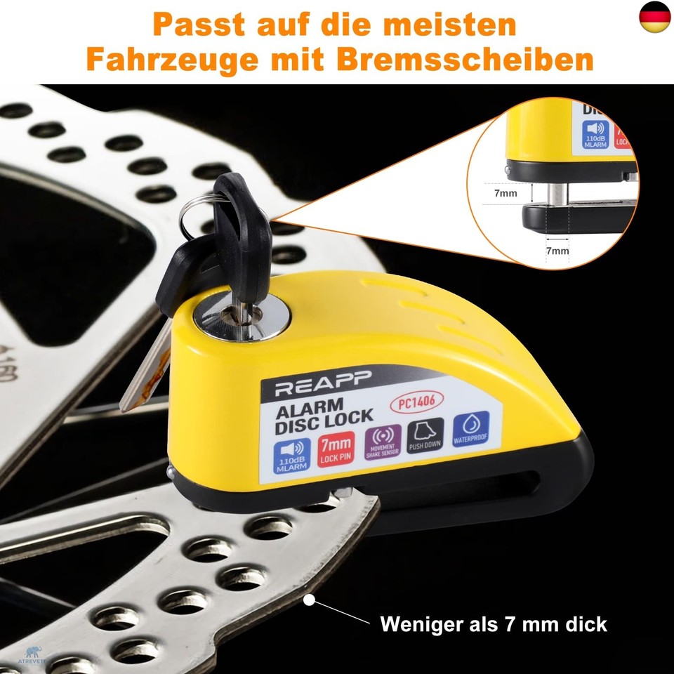 REAPP Bremsscheibenschloss Motorrad Schloss Alarm 110db, Scheibenschloss | eBay.de