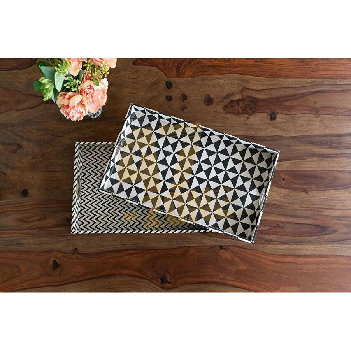 S/2 Hanley Geometric Trays Black White Indoor Outdoor Tabletop Home ...