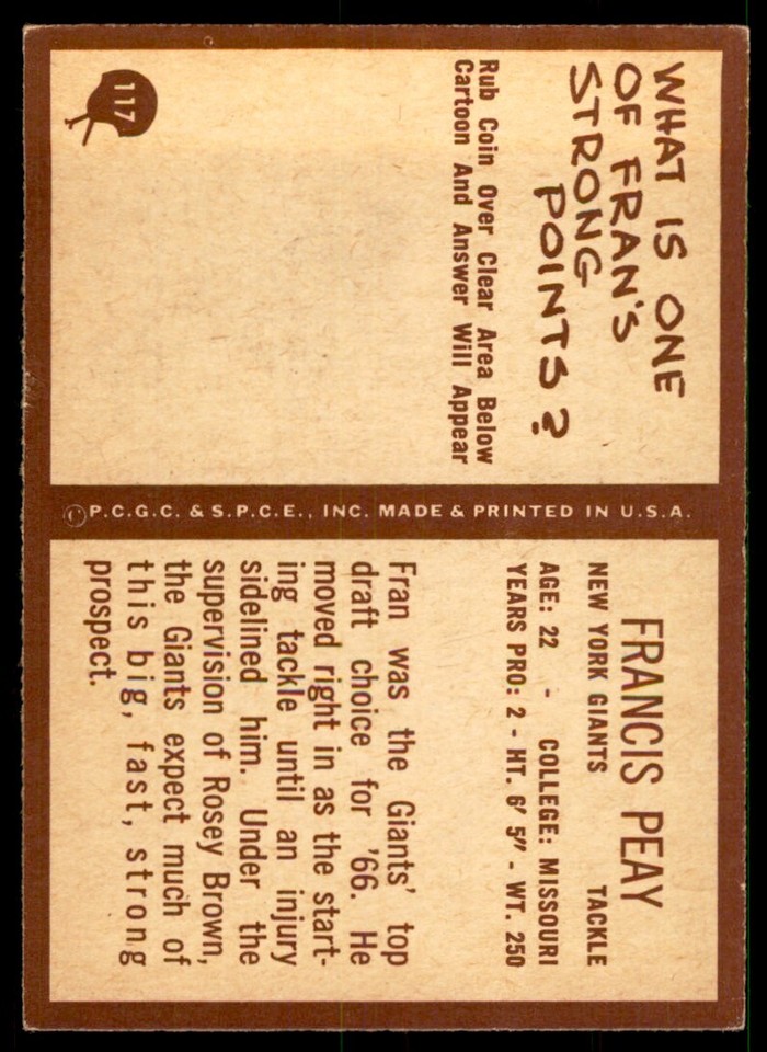 1967 Philadelphia Francis Peay Rookie c New York Giants #117 | eBay