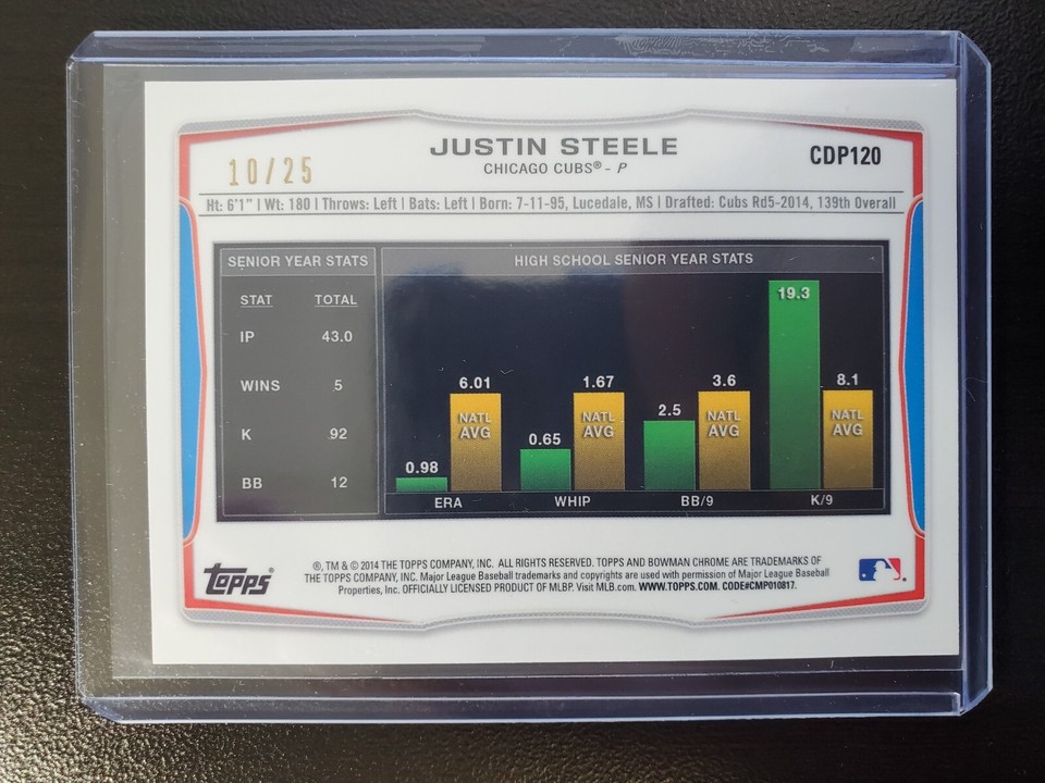 2014 Bowman Chrome - JUSTIN STEELE, 10/25 ORANGE Refractor ROOKIE # ...