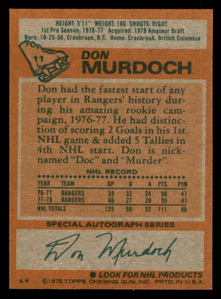 1978 Topps Don Murdoch # 11 New York Rangers | eBay