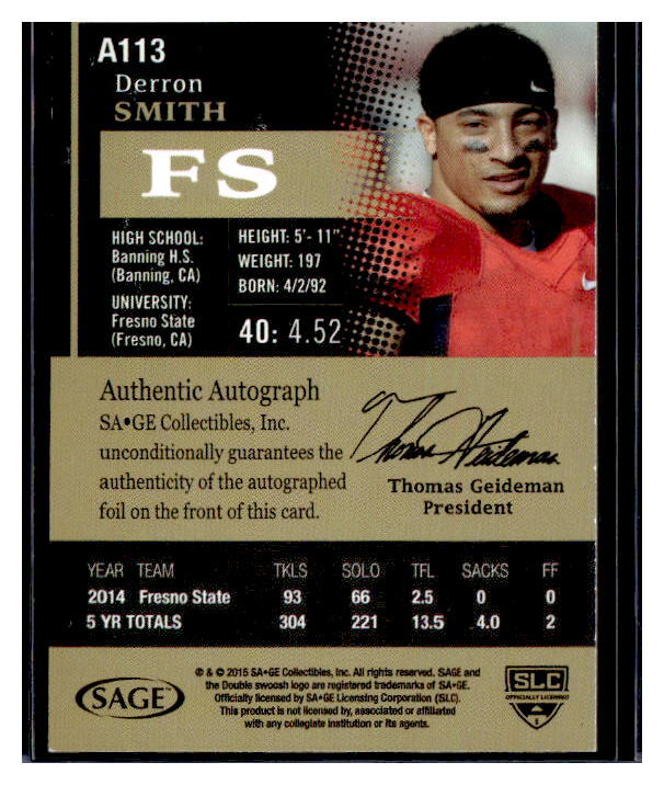 Derron Smith 2015 SAGE HIT A113 AU Autographs Black Auto | eBay