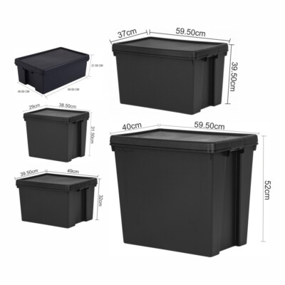 6 x Black Strong Storage Boxes With Lids Heavy Duty Recycled Plastic ...