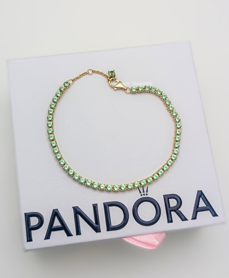 NEW 100% Authentic PANDORA 14k Gold P Sparkling Green Tennis Bracelet ...