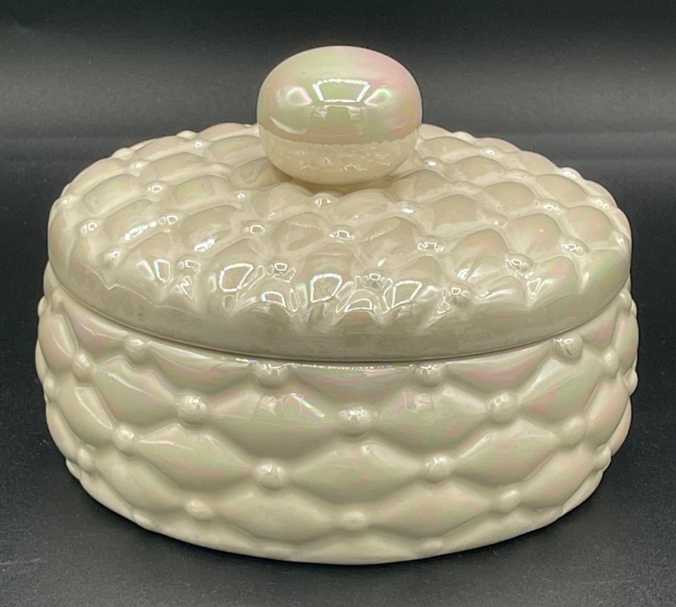 Vtg. Arnels Ceramic Iridescent White Lusterware Quilted Round Trinket ...