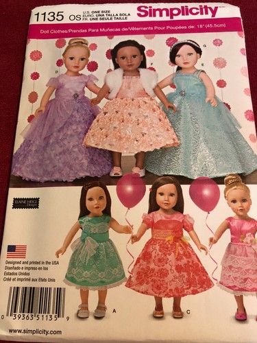 🌸 SIMPLICITY #1135 - 18" DOLL PARTY DRESSES-FITS AMERICAN GIRL DOLL ...
