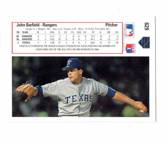John Barfield Texas Rangers Pitcher #629 Upper Deck 1991 #Baseball Card ...