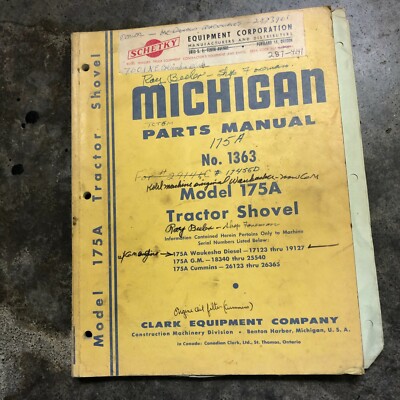 CLARK MICHIGAN SHOVEL TRACTOR 175 A SHOVEL LOADER PARTS MANUAL HANCOCK ...