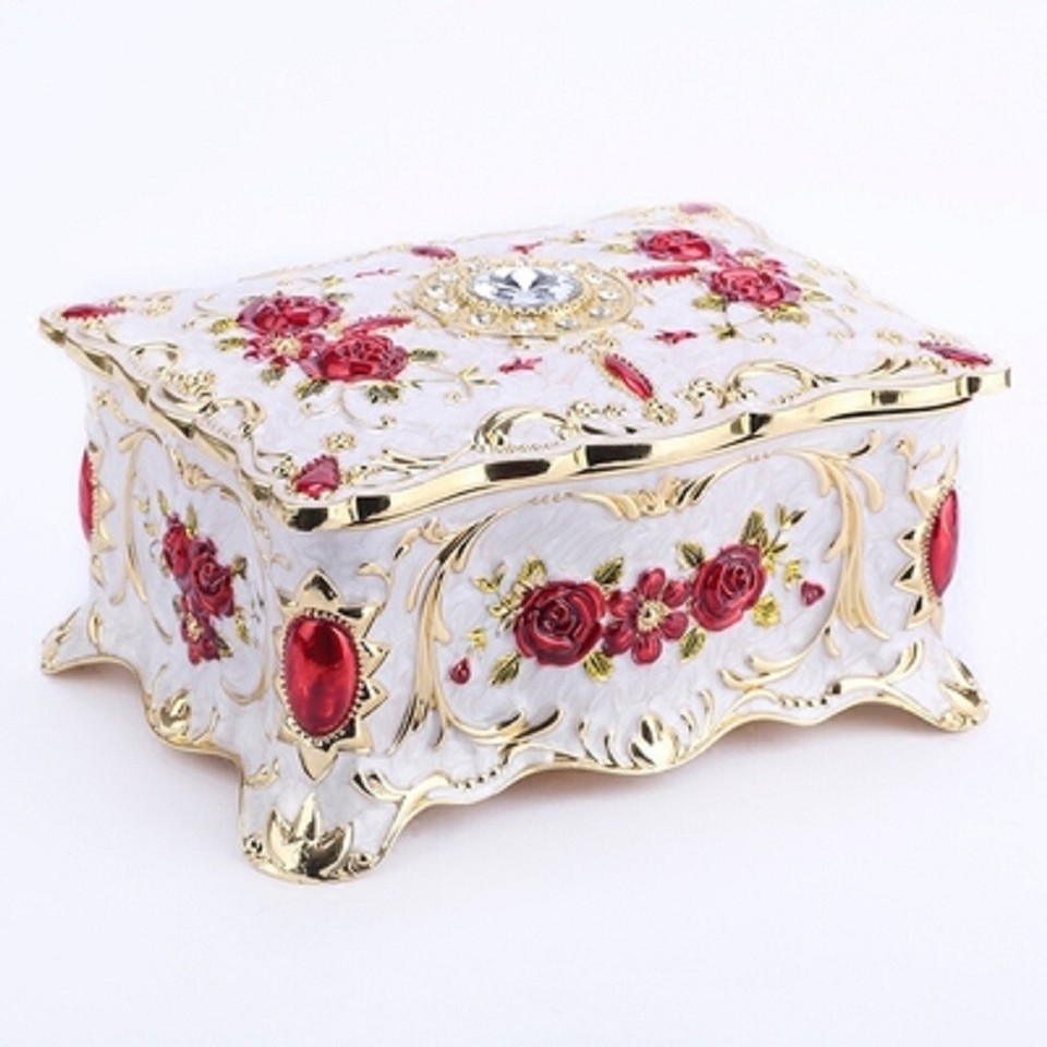 WHITE GOLD TIN ALLOY RED ROSE RECTANGLE SHAPE MUSIC BOX : ANNIE'S SONG ...