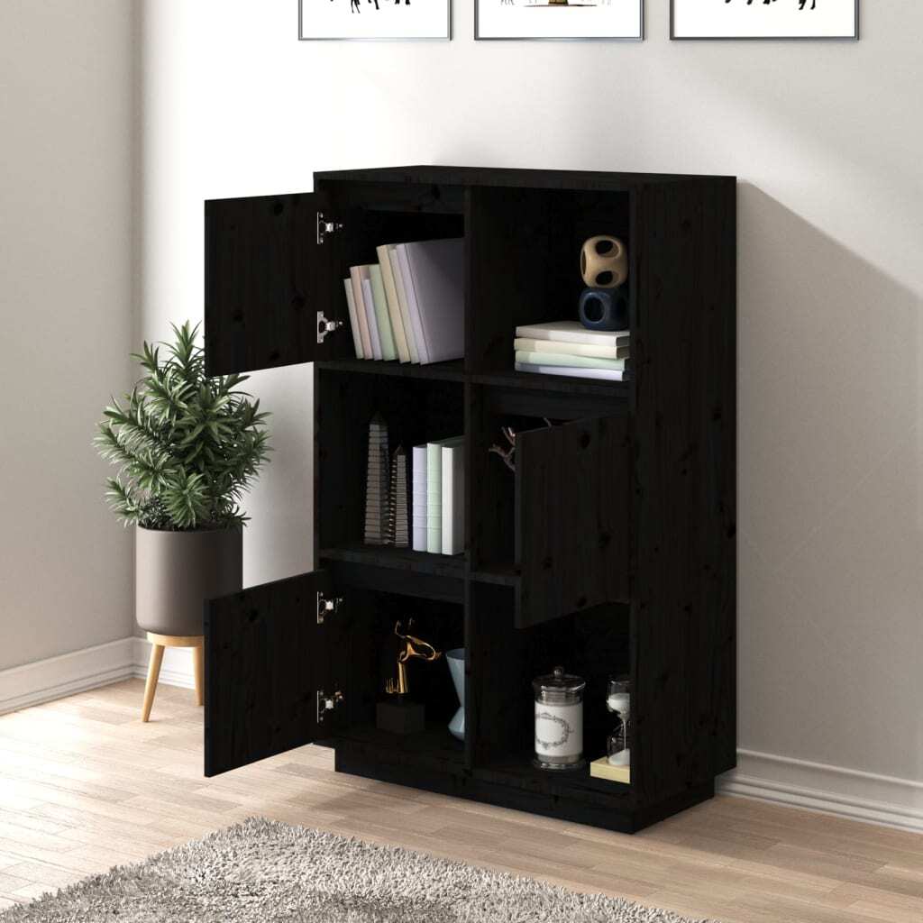 Chic Black Solid Pine Wood Highboard Rustic Storage Cabinet with ...