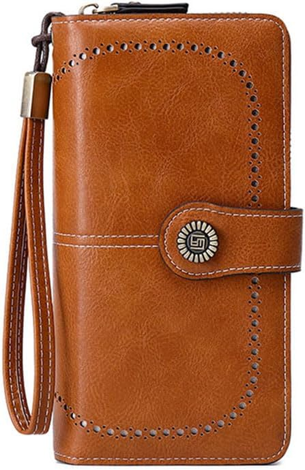 Women Long Leather Wallet Retro Oil Wax Leather Hollowing Out Purse ...