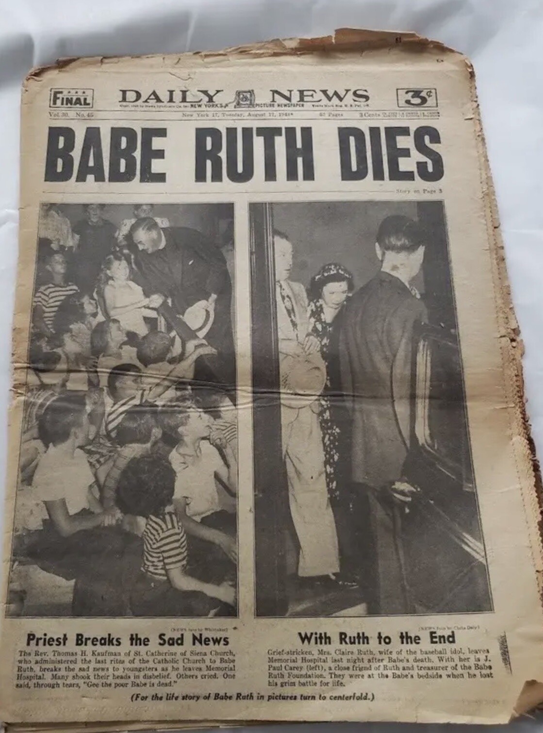 BABE RUTH DIES NEW YORK DAILY NEWS NEWSPAPER PUBLICATION AUGUST 17 ...