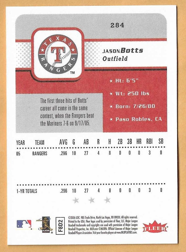 JASON BOTTS TEXAS RANGERS ROOKIE #284 - FLEER NM-MT 2006 | eBay