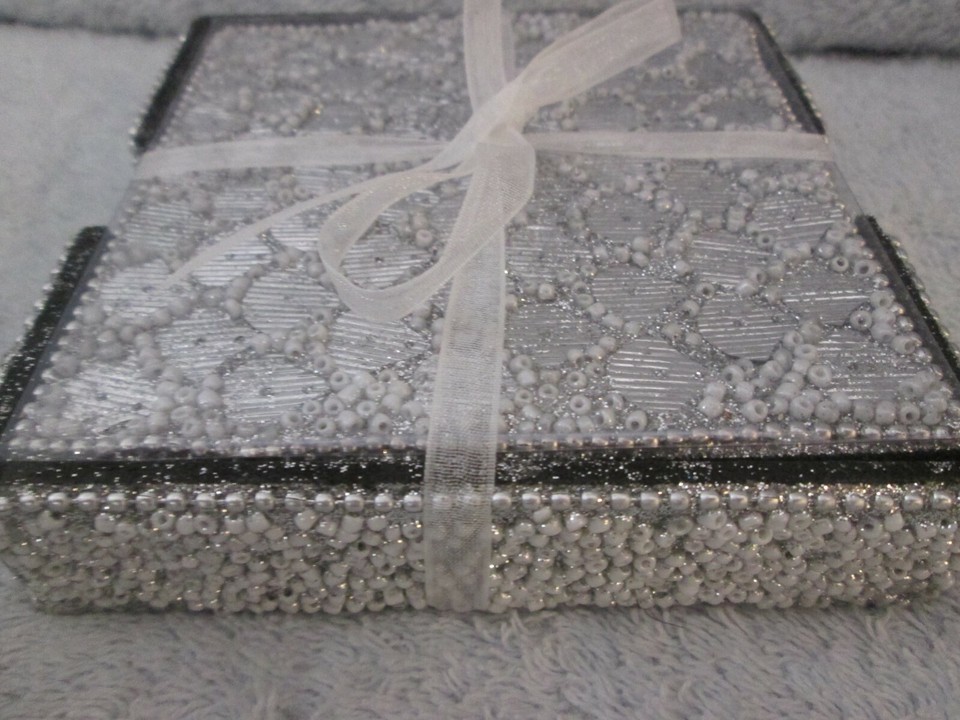 Silver Beaded Coasters Square Set Of 4 New with Matching Holder New No ...
