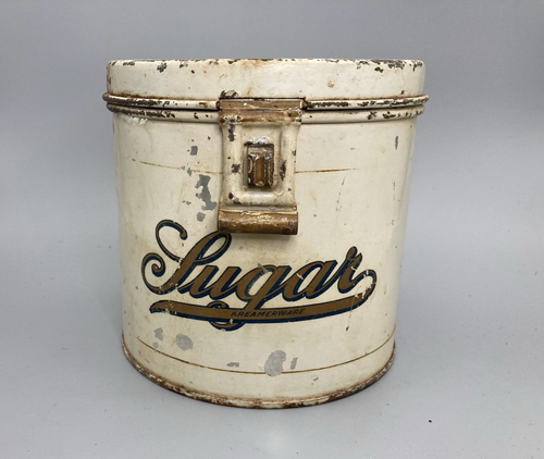 Vintage Kreamer ware sugar pantry tin clasp white gold lettering chippy ...