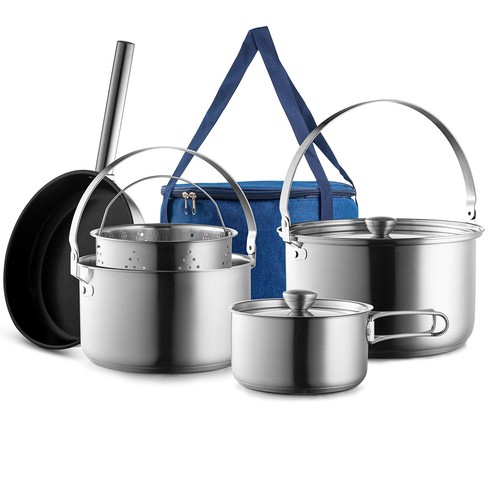 Camping Cookware Set 304 Stainless Steel 8-Piece Pots & Pans Open Fire ...