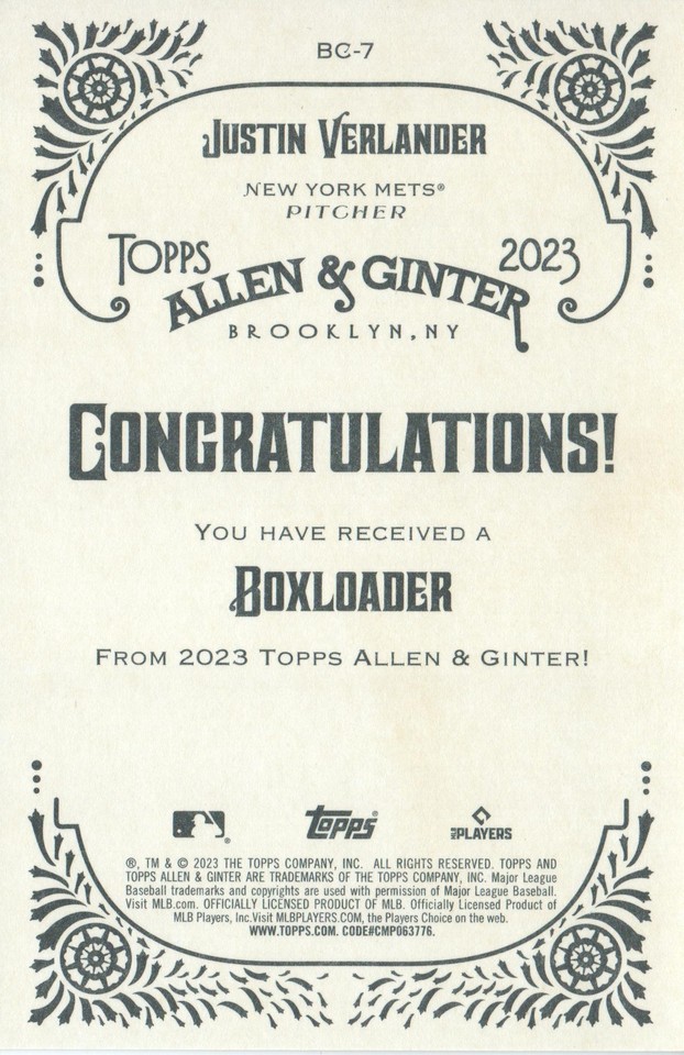 2023 Topps Allen and Ginter Baseball Box Toppers #BC-7 Justin Verlander ...