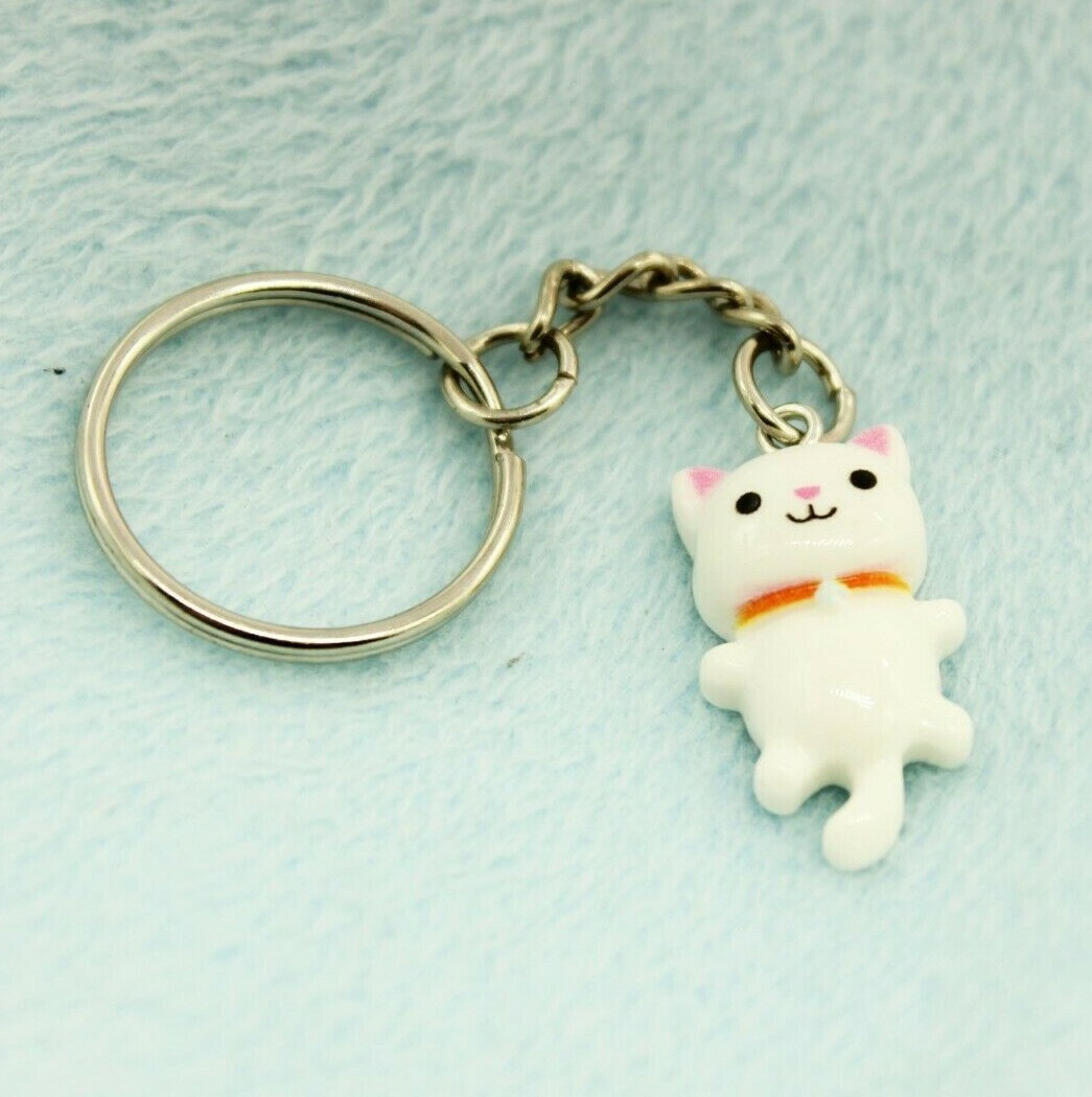 WHITE CAT DANGLE KEYCHAIN Car Keys Mini Kitty Cat Lover Cute Adorable ...