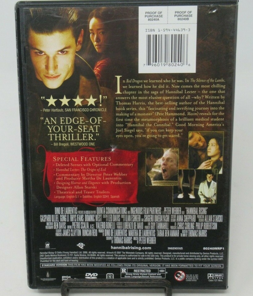 HANNIBAL RISING DVD MOVIE, GASPARD ULLIEL, GONG LI, RHYS IFANS, DOMINIC ...