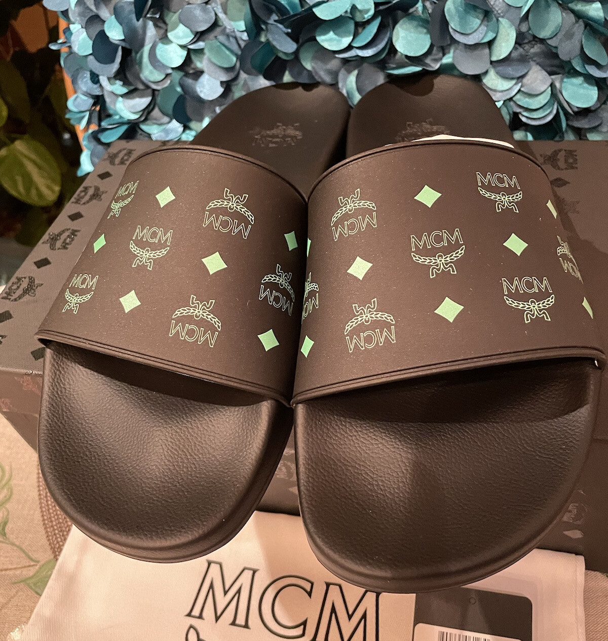 MCM Slides Men’s Black/Green Monogram Print Rubber Slides Shoes US 10 ...