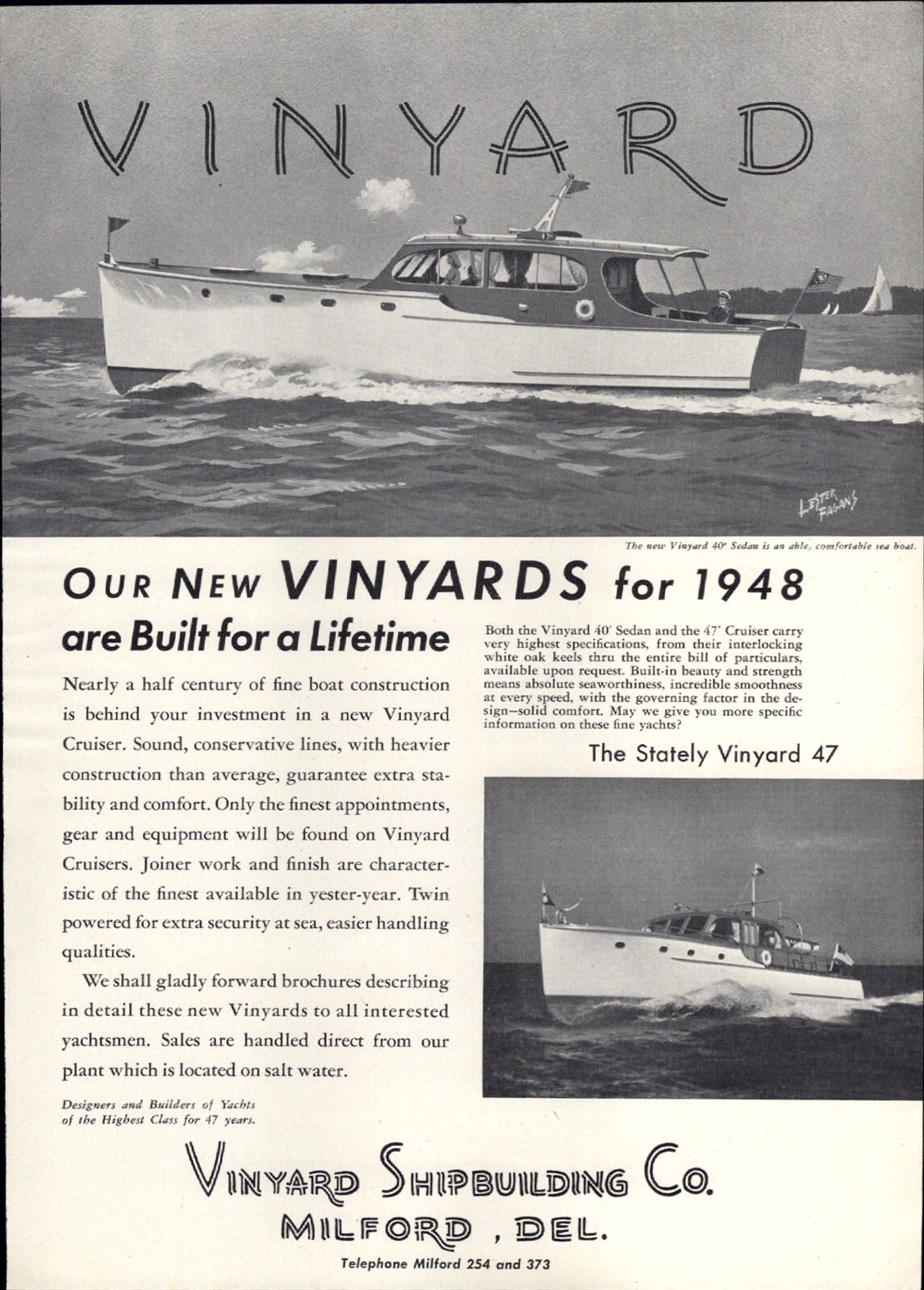 1948 PAPER AD Vinyard Shipbuilding Co 40' Sedan 47' Cruiser White Oak ...