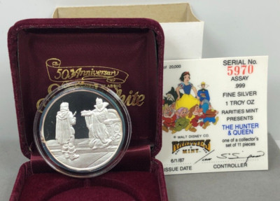 1987 Disney ~ Hunter / Queen ~ 1oz 999 Silver Rarities Mint w/Box & COA ...