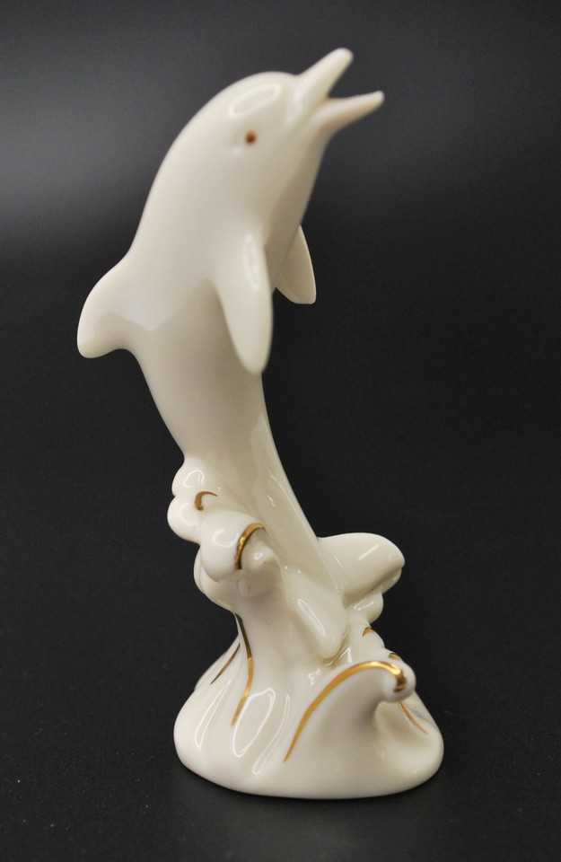 3 Lenox Figurines 4" Dolphin 2.5" Elephant 2.5" Swan Ivory 24K Gold ...