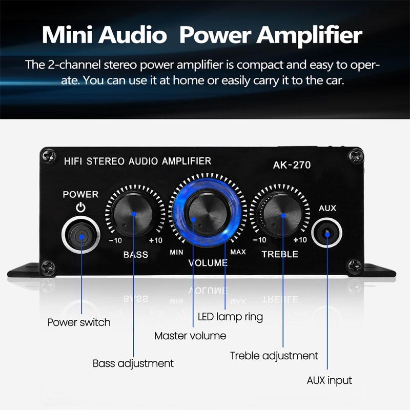 AK-270 Portable Hi-Fi Power Amplifier 12V 2 Channel Stereo Digital ...