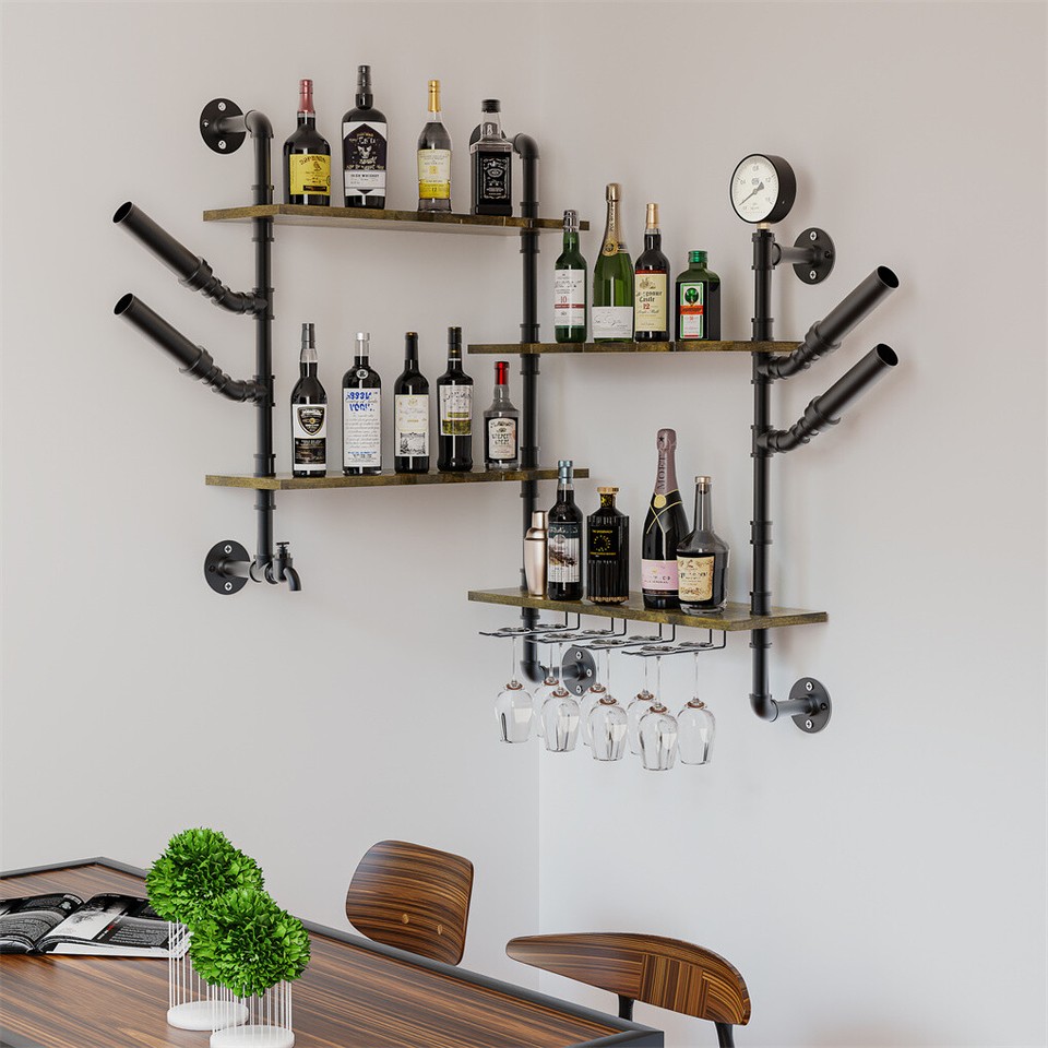 Industrial Corner Pipe Wine Rack Liquor Bottle Hanging Shelves Whiskey ...
