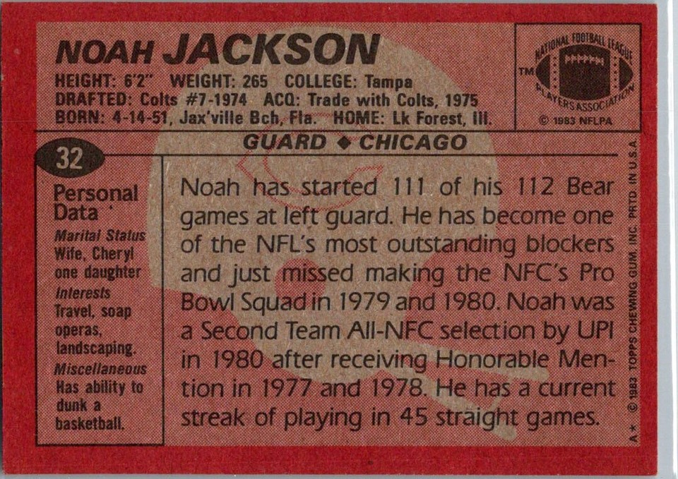 1983 Noah Jackson #32 Topps Chicago Bears 83-MT-FBC#1 | eBay