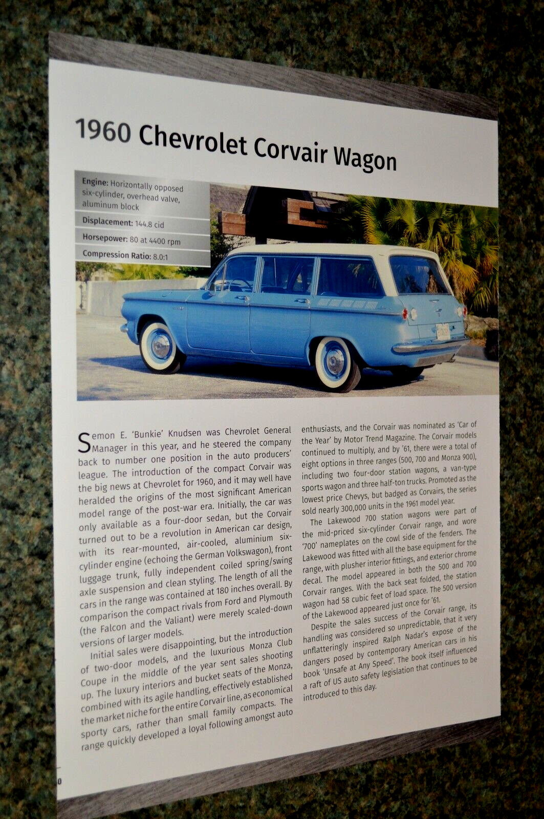 1960 CHEVY CORVAIR CORSA WAGON INFO SPEC SHEET PHOTO FEATURE PRINT 60 ...