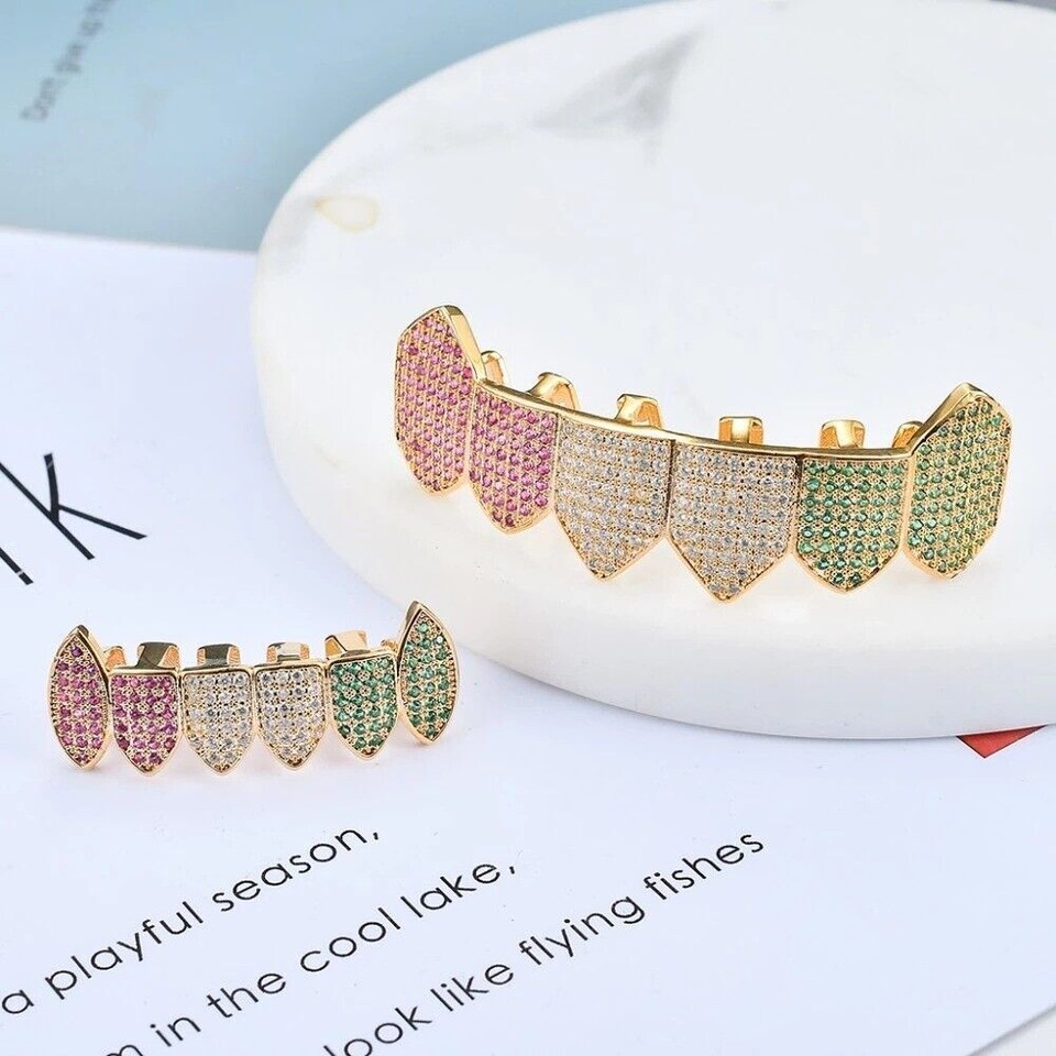 6 Teeth Grillz Mouth Top Bottom Full Iced Mens Hip Hop Colorful Tooth ...
