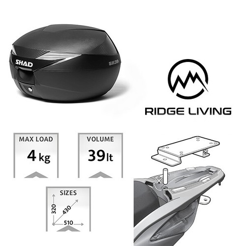 SHAD SH39 Carbon 39L Top Case + Fitting Kit Fits Honda SH125 2015 2016 ...