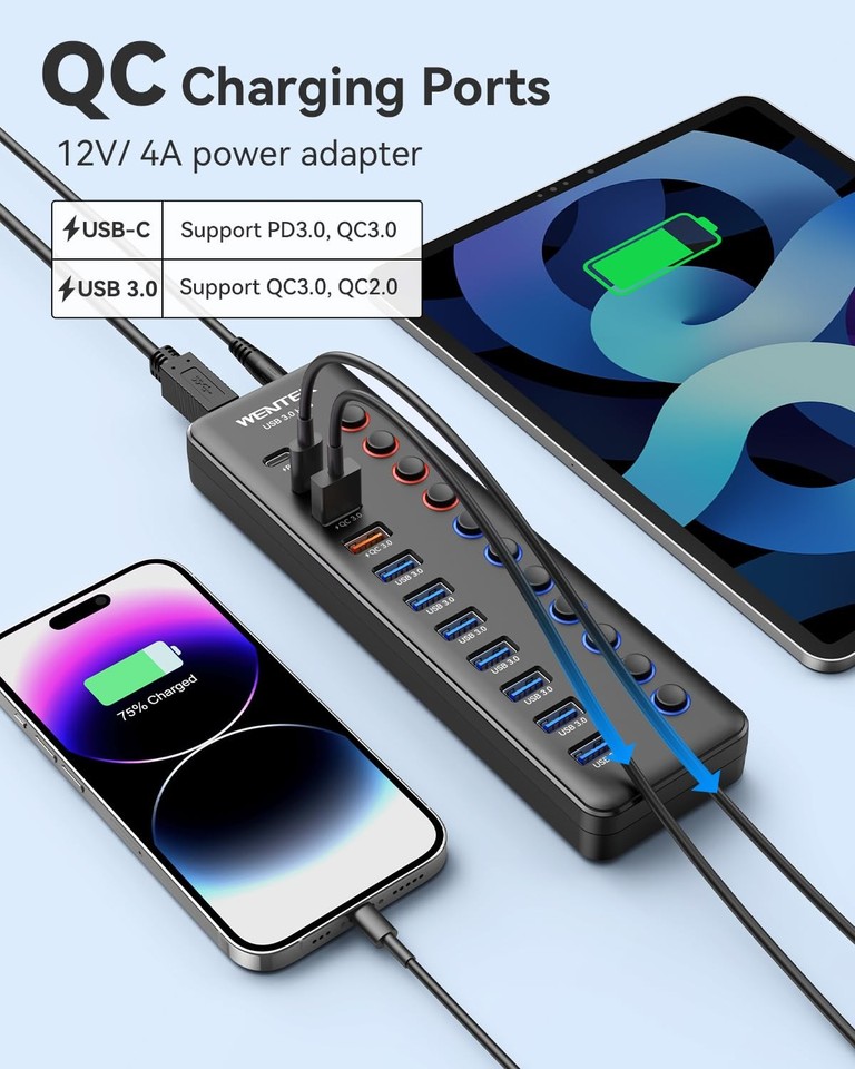 Powered USB 3.0 Hub, Wenter 48W 11-Port USB Hub Splitter 7 Faster Data ...