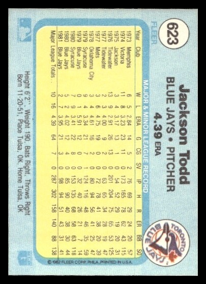 1982 Fleer #623 Jackson Todd Toronto Blue Jays Baseball card | eBay