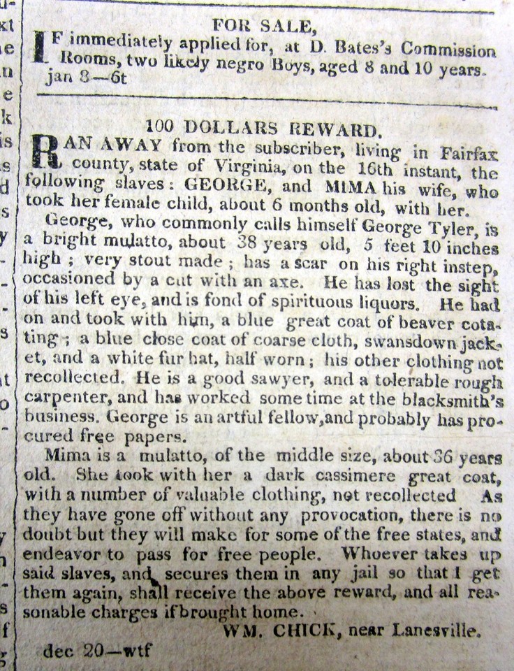 1821 DC newspaper with Ads - 2 NEGR0 BOYS FOR SALE as SLAVES + Runaway ...
