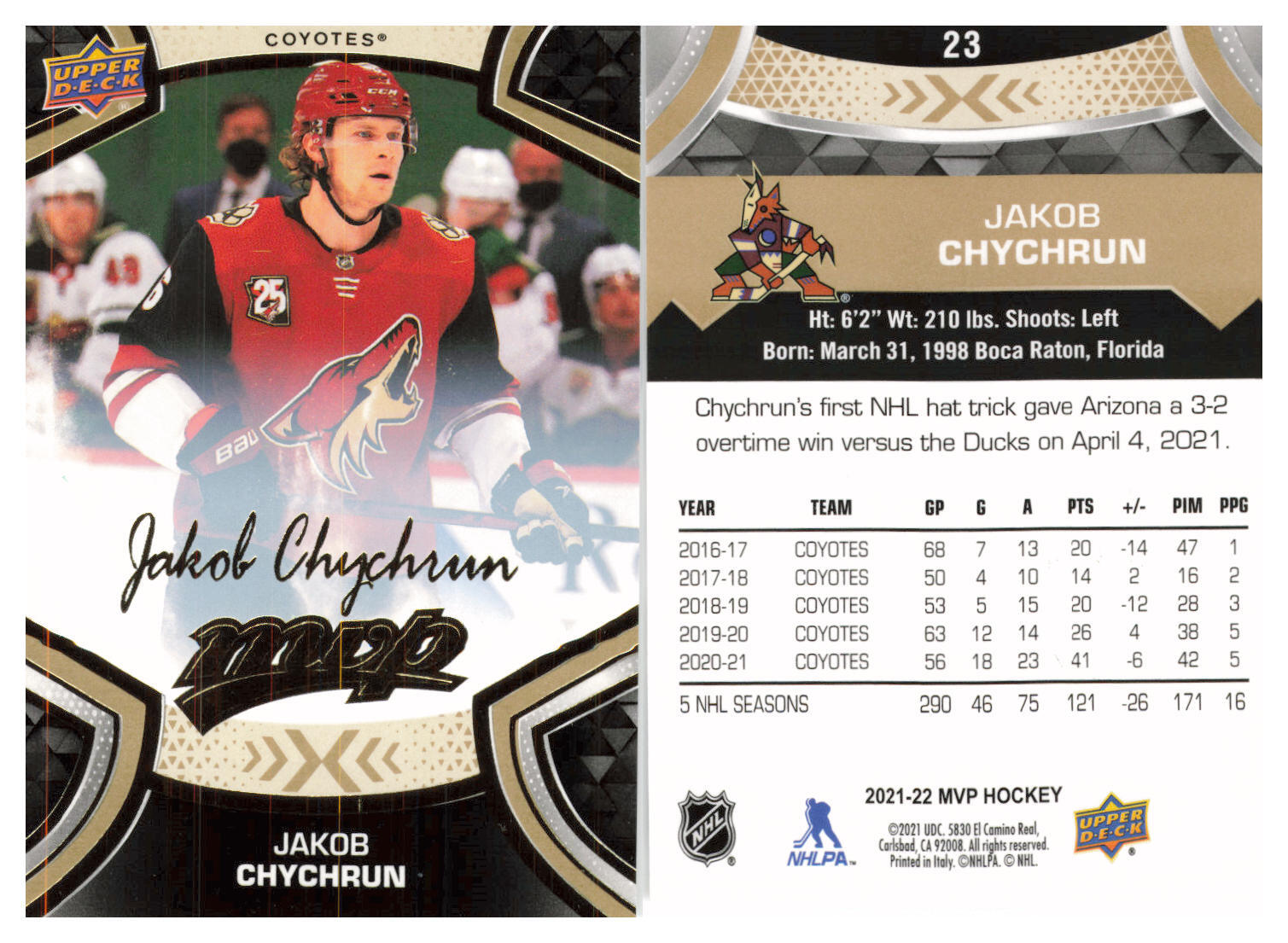21/22 2021/22 Upper Deck MVP Gold Script #23 Jakob Chychrun - Arizona ...