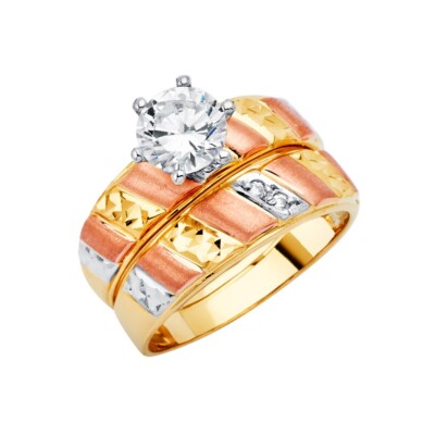 Gold 14K Tri Color Gold Cubic Zirconia Engagement Ring and Wedding Band ...