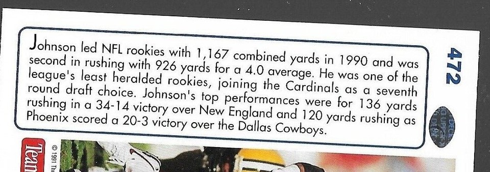 1991 Upper Deck Team MVP Johnny Johnson 472 Arizona Cardinals Football ...