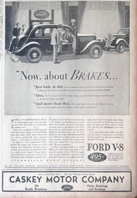 Large 1935 newspaper ad for Ford - Now, About Brakes, Ford V-8 in ...