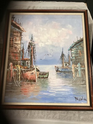 Vintage Florence Wilkins Furst Oil Painting Mid Century Fishing Boats ...