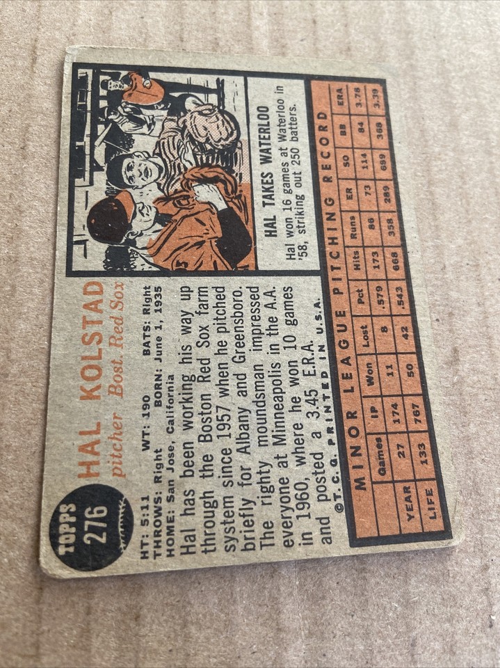 1962 Topps #276 Hal Kolstad Boston Red Sox ROOKIE Vintage Baseball ...